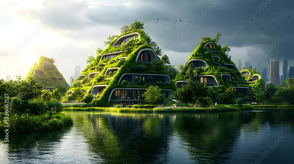 Futuristic Eco-Friendly Pyramid Buildings by a Lake, 3D Render of Green ...