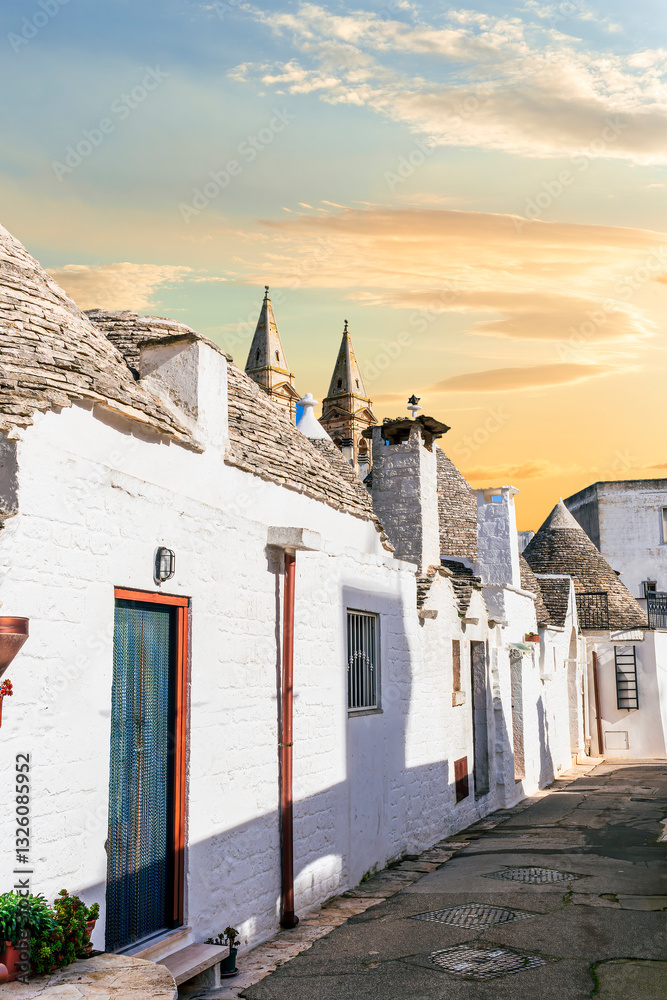 fancy beautiful buildings trulli with white old walls and strange roofs ...