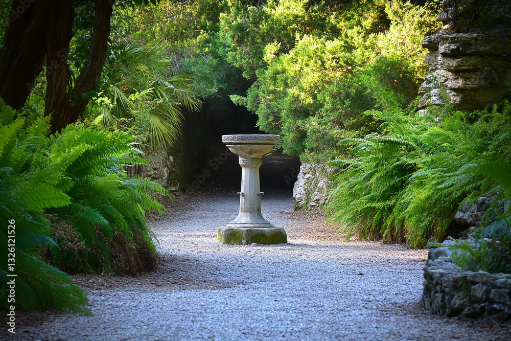 Hand pump well in a serene outdoor setting surrounded by lush greenery ...