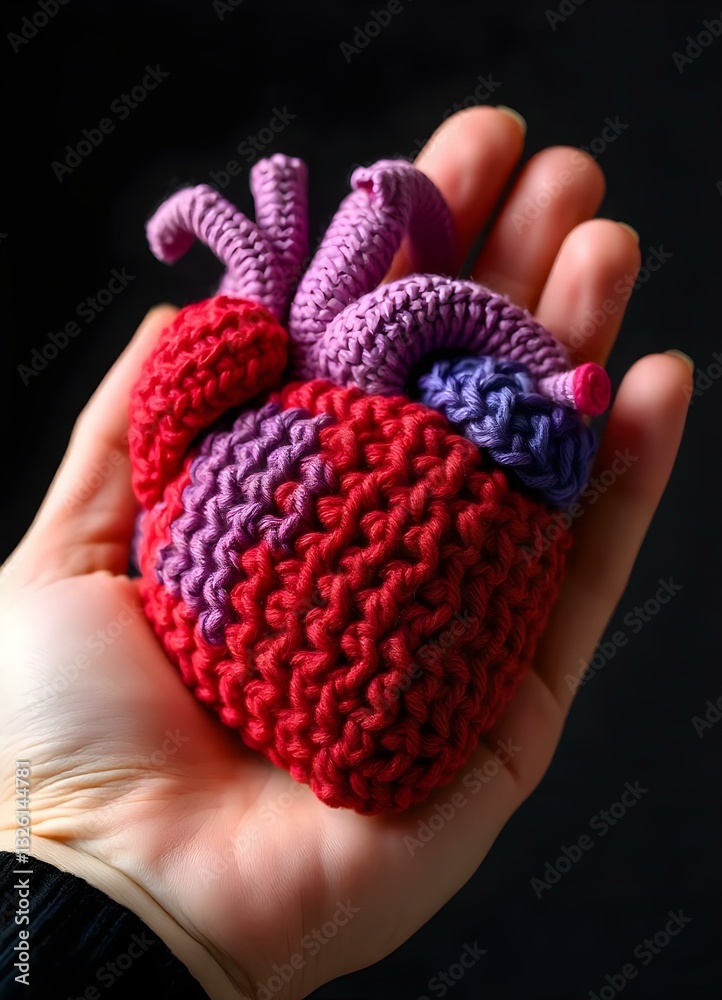 Create a digital 3D rendering of a human heart made of crochet, each ...