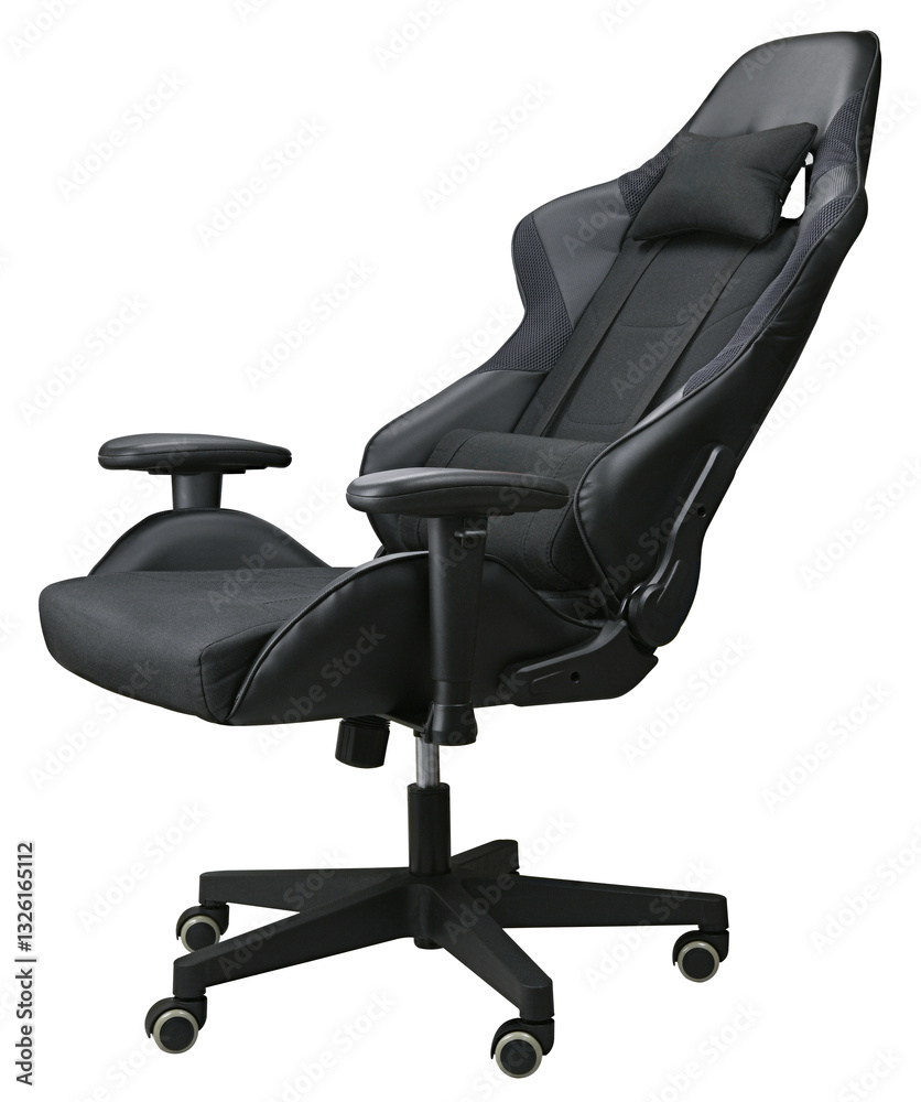 Black gaming chair on wheels with high back isolated on a transparent ...