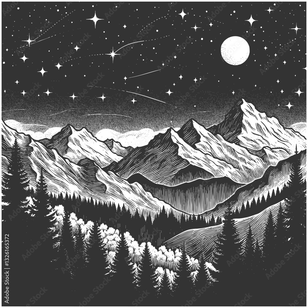 Vector de Stock mountain range beneath a starry night sky with a ...