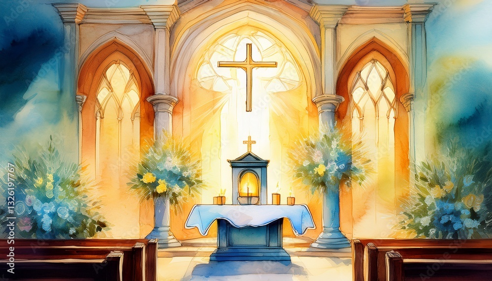 Ethereal watercolor painting of a glowing church altar with Communion ...