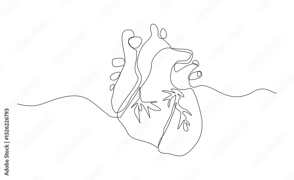 Continuous single line of human heart organ anatomy cardiology medical ...