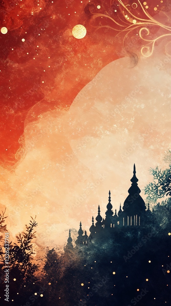 Deep red and gold background with subtle Hindu temple. Vertical ...