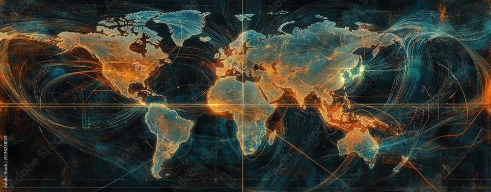 Detailed world map illustration featuring geographical borders ...