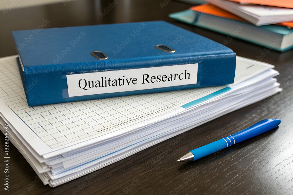 qualitative research, Organized workspace featuring a blue binder ...
