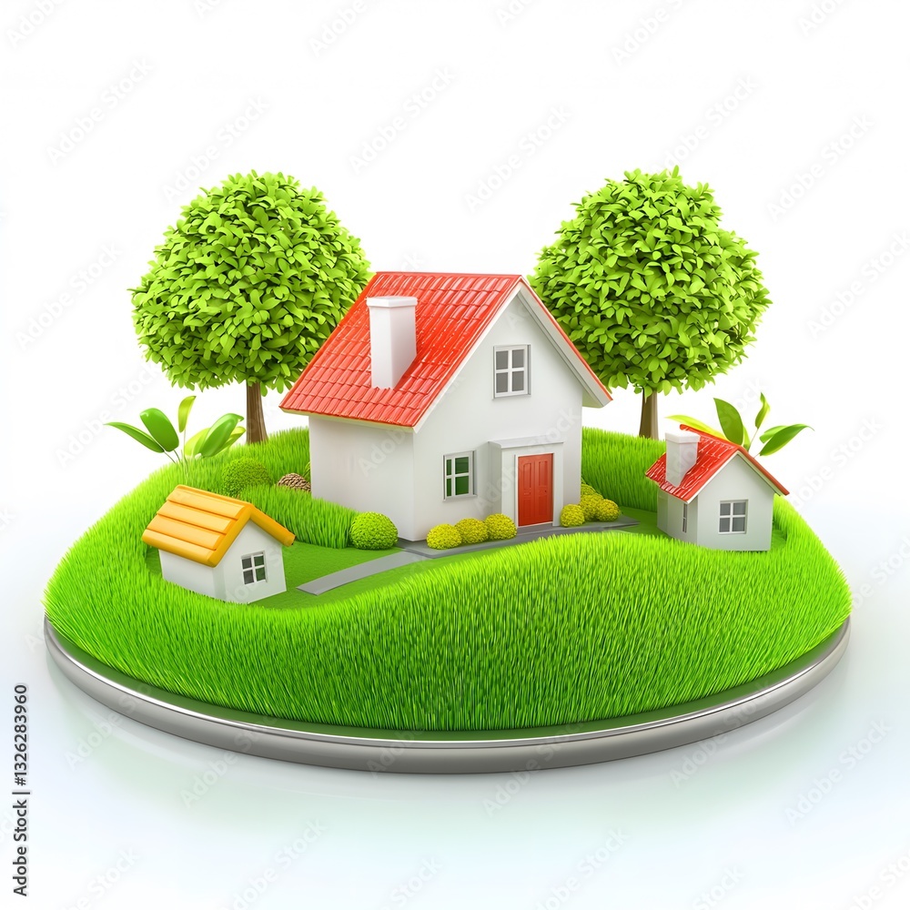 Charming house and gardens serene landscape 3d model vibrant ...