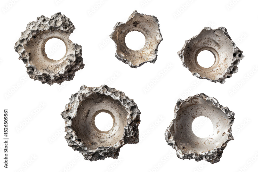 Collection of five bullet holes in metal, different sizes and jagged ...