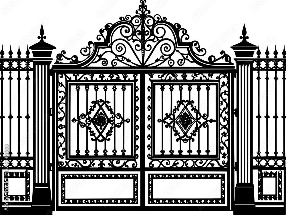 SVG vector features ornate wrought iron gates with gate pillar ...