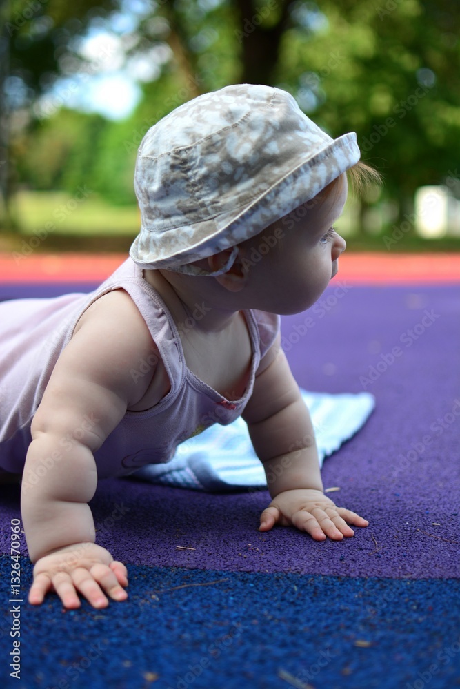 Baby girl is crawling and staring in children playground area in hot ...