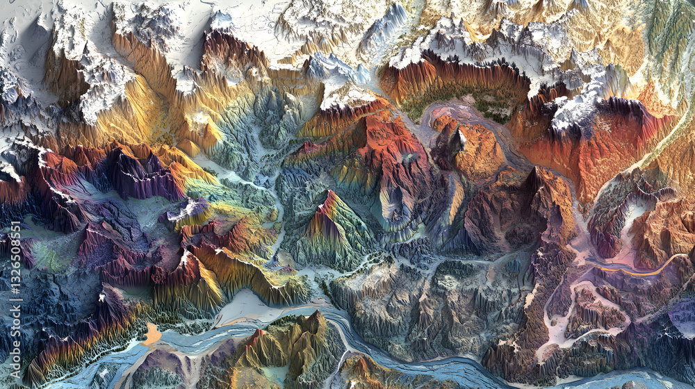 Detailed Topographical Landscape Showcasing Mountain Ranges, Valleys ...