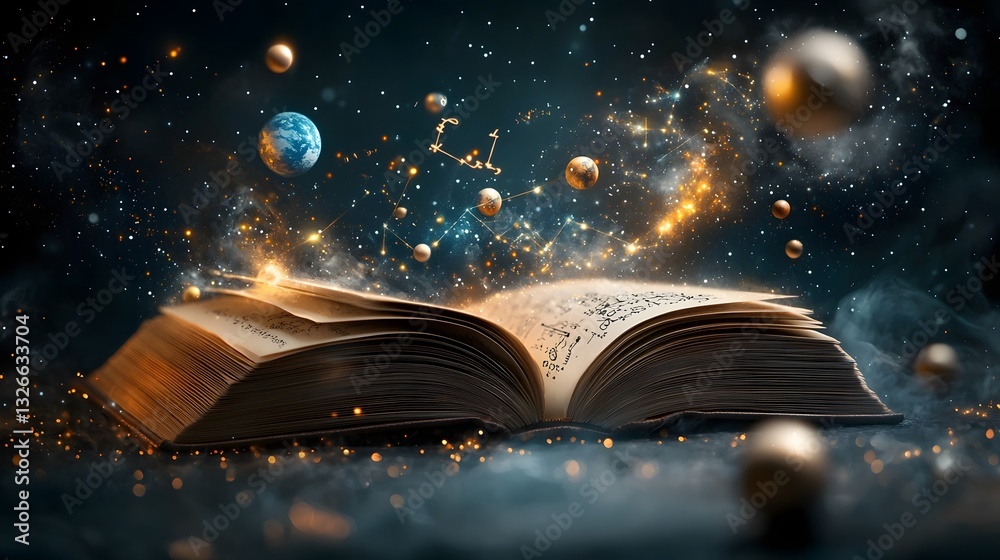 Open book with mathematical symbols and diagrams transforming into a ...