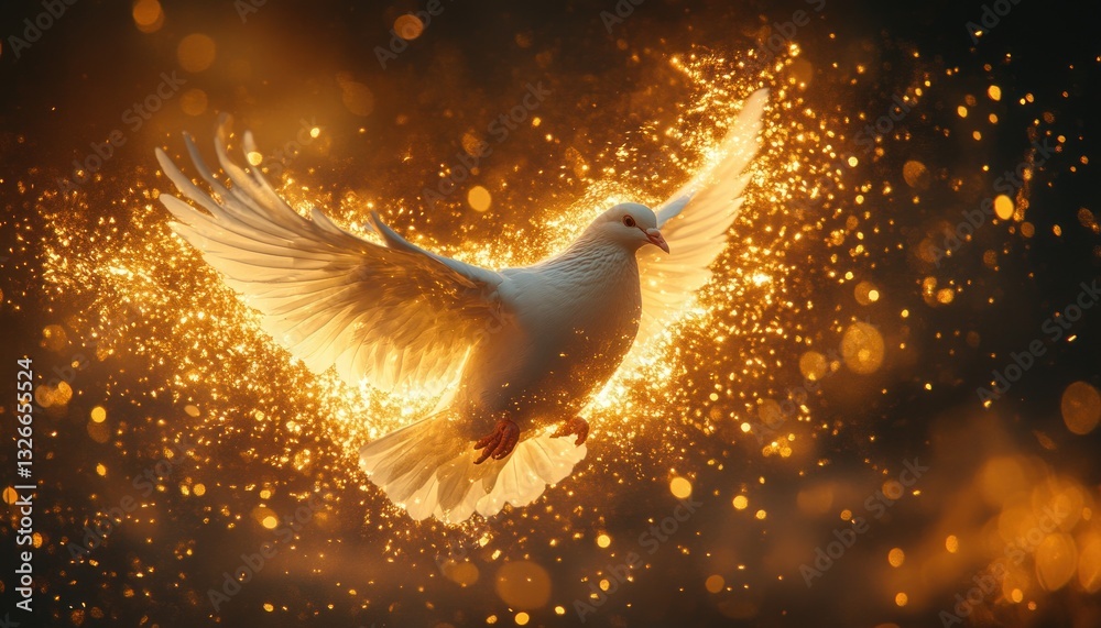 Majestic white dove flying with fiery golden flames in dark dreamy ...