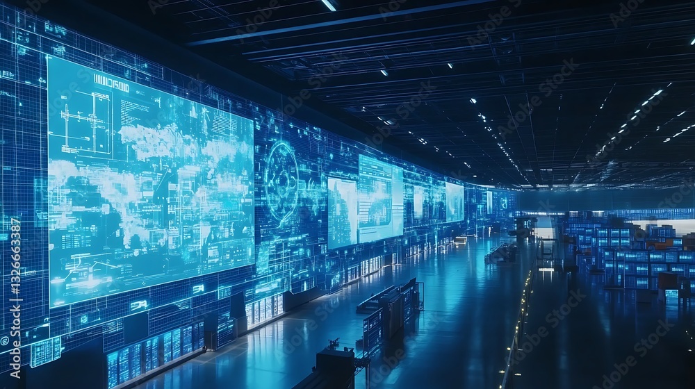 Data Center Shows Digital Blue Technology Displays with Information ...