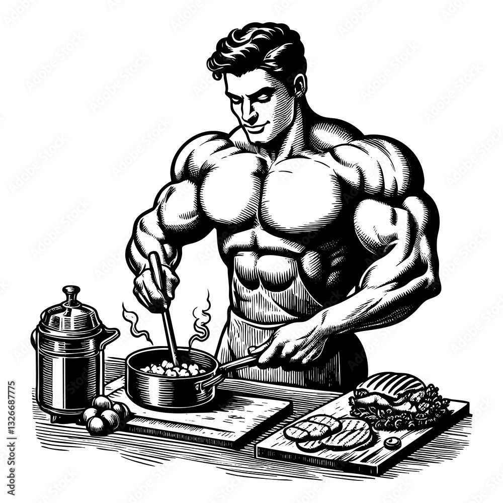 muscular man preparing a meal, symbolizing fitness, healthy eating ...