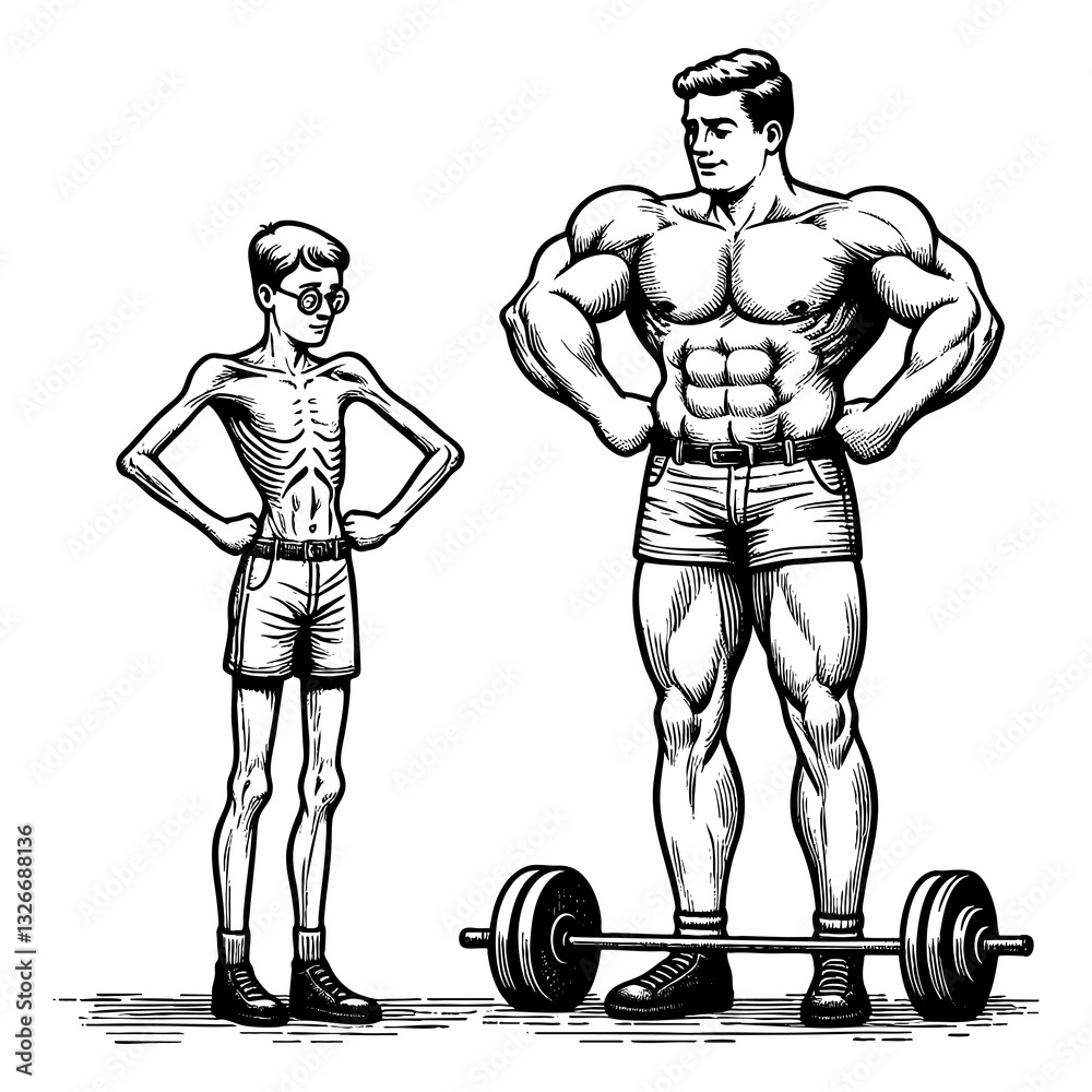 skinny young man facing massively muscular bodybuilder, symbolizing ...
