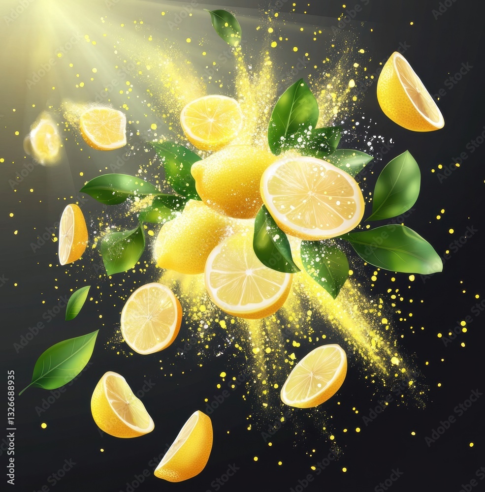 Citrus explosion with flying lemons and vibrant green leaves on a striking black background ...