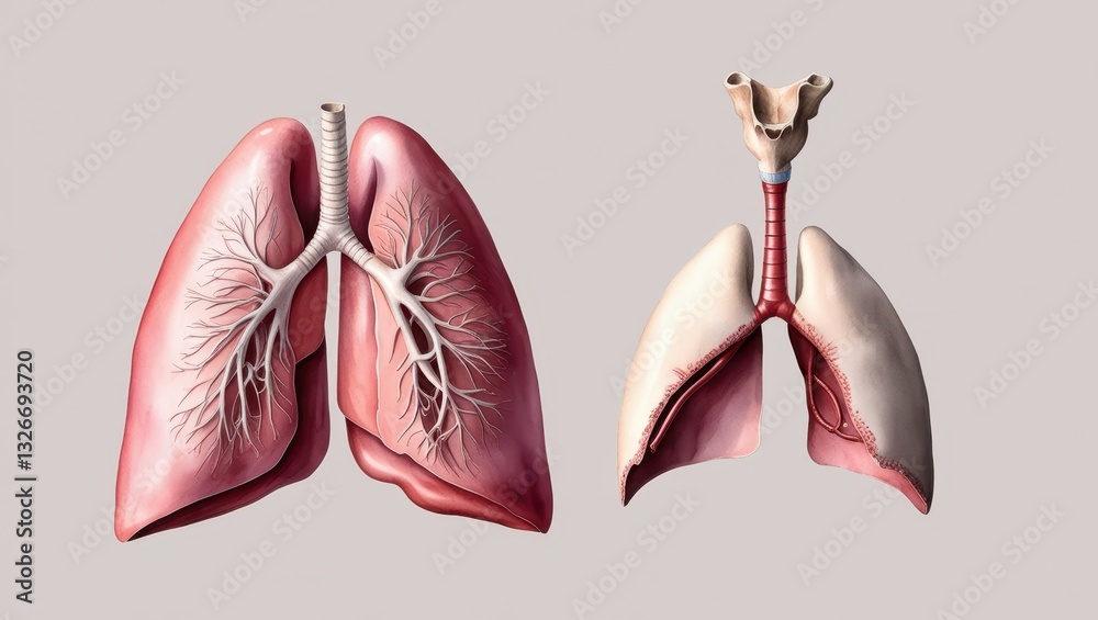 Detailed Anatomical Illustration of Human Lungs Front and Back Views ...