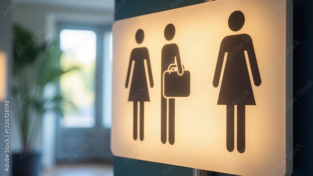 Female restroom sign with three figures, one holding a briefcase ...