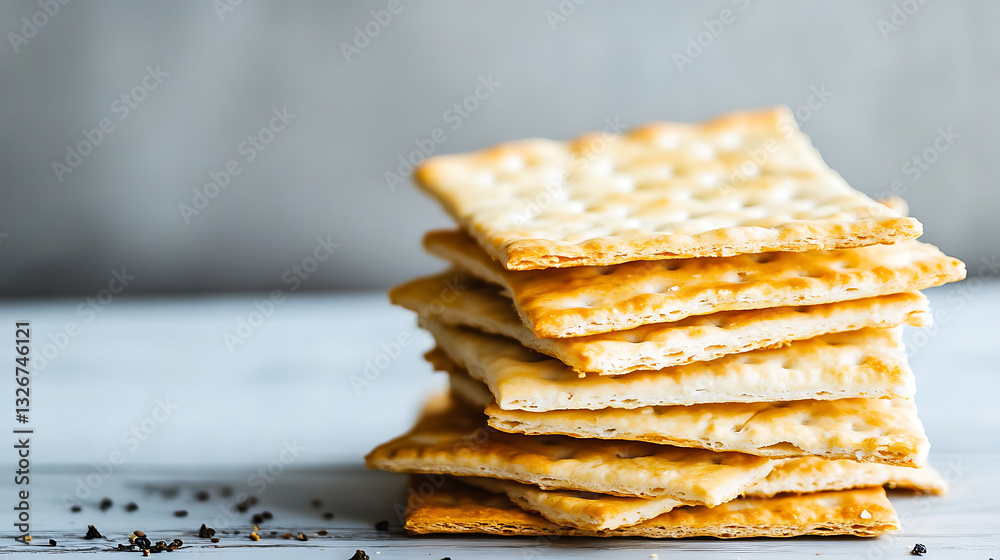 Crispy golden brown hardtack crackers stacked on rustic wooden surface ...