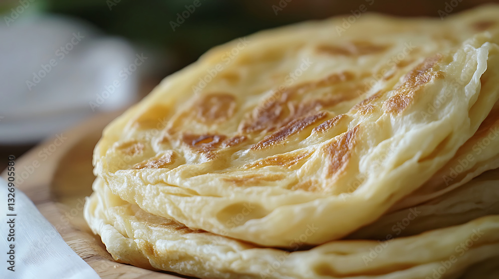 Flaky and crispy roti canai stacked on wooden plate, showcasing its ...