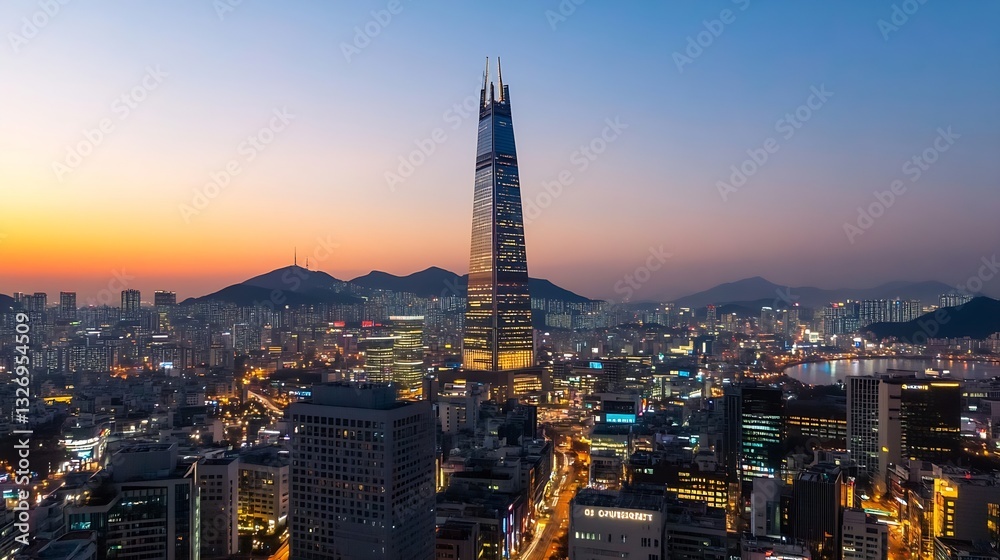 Stunning aerial view of the iconic Lotte World Tower illuminated at ...