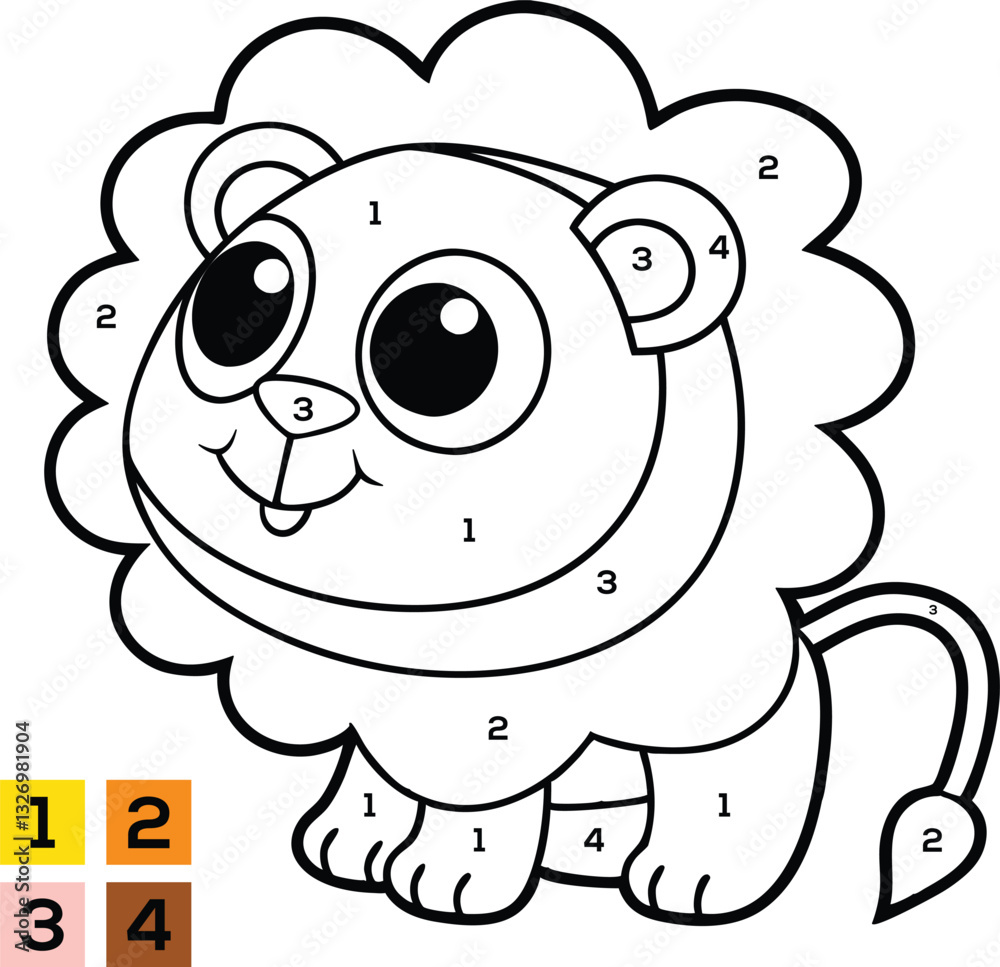 Cute Lion Coloring Page with Numbered Sections for Kids Stock Vector ...