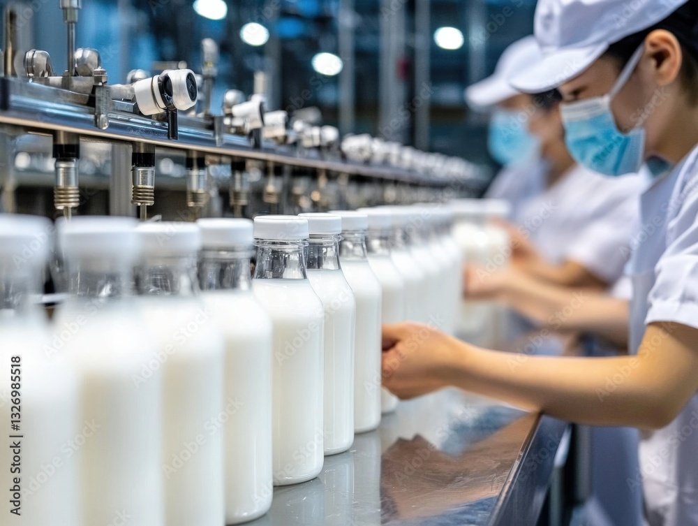 Workers in a dairy processing factory bottling milk and performing ...