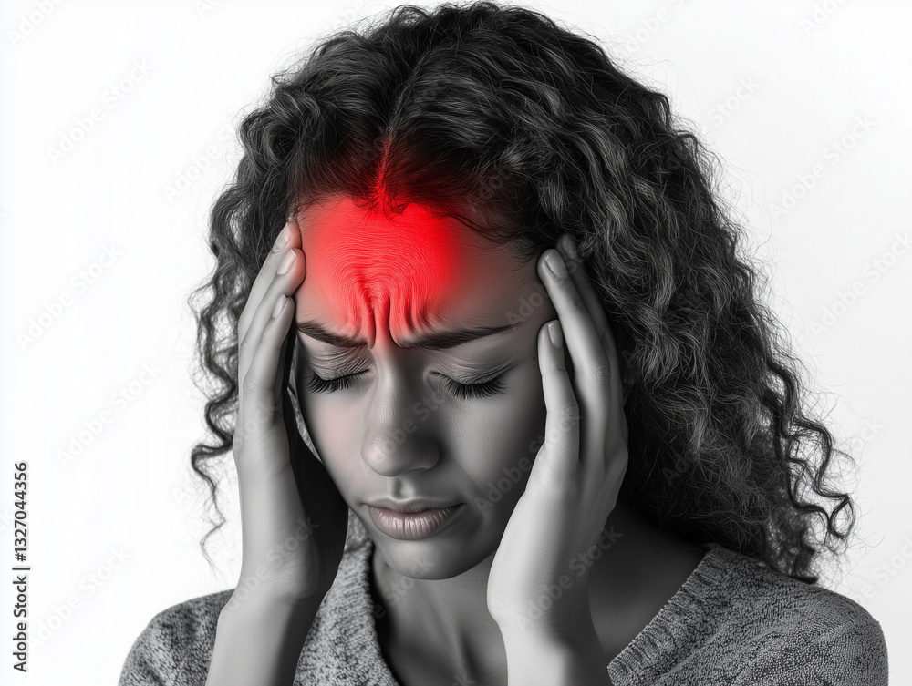 Feeling overwhelmed, woman experiences head pain, holding her temples ...