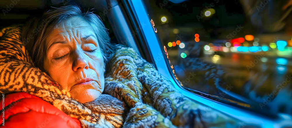 Homeless woman sleeping in car at night with city lights in background ...