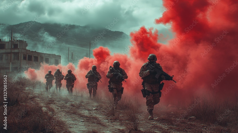 SWAT Team Advancing Under Red Smoke for Strategic Positioning in ...