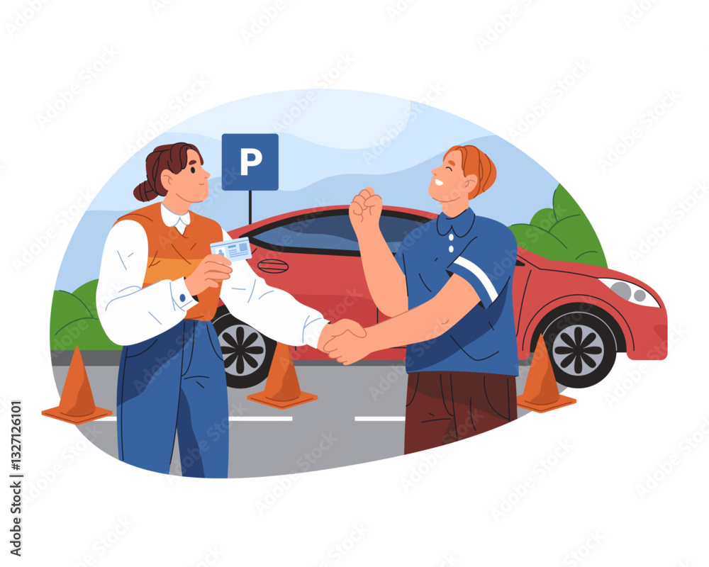 Driver receiving a driving license from instructor. Vector sign for ...