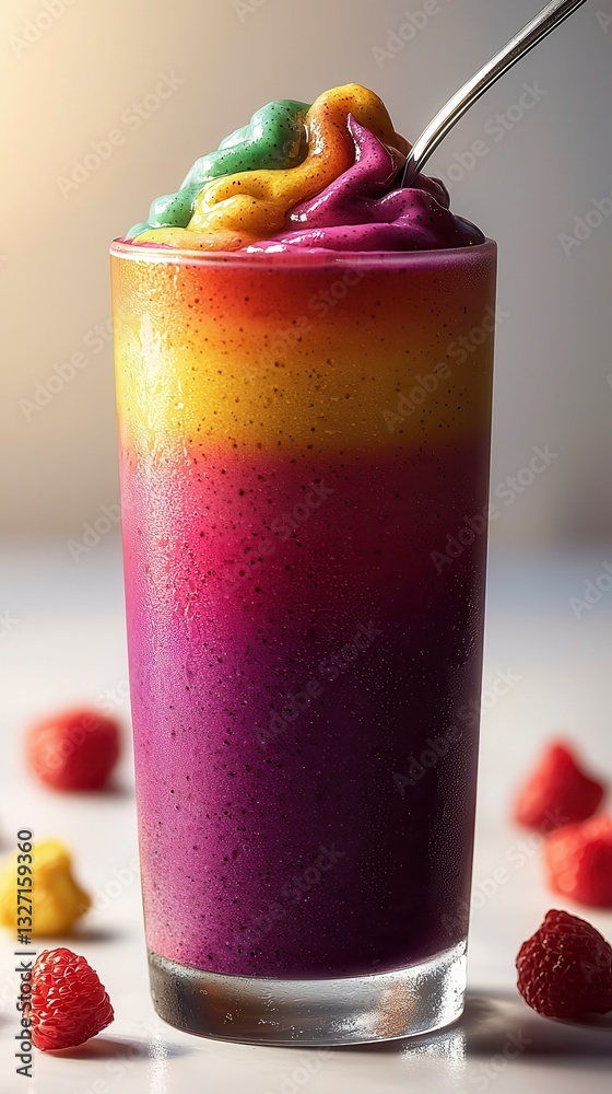 Smooth drink with a spoon stirring inside a curved glass filled with ...