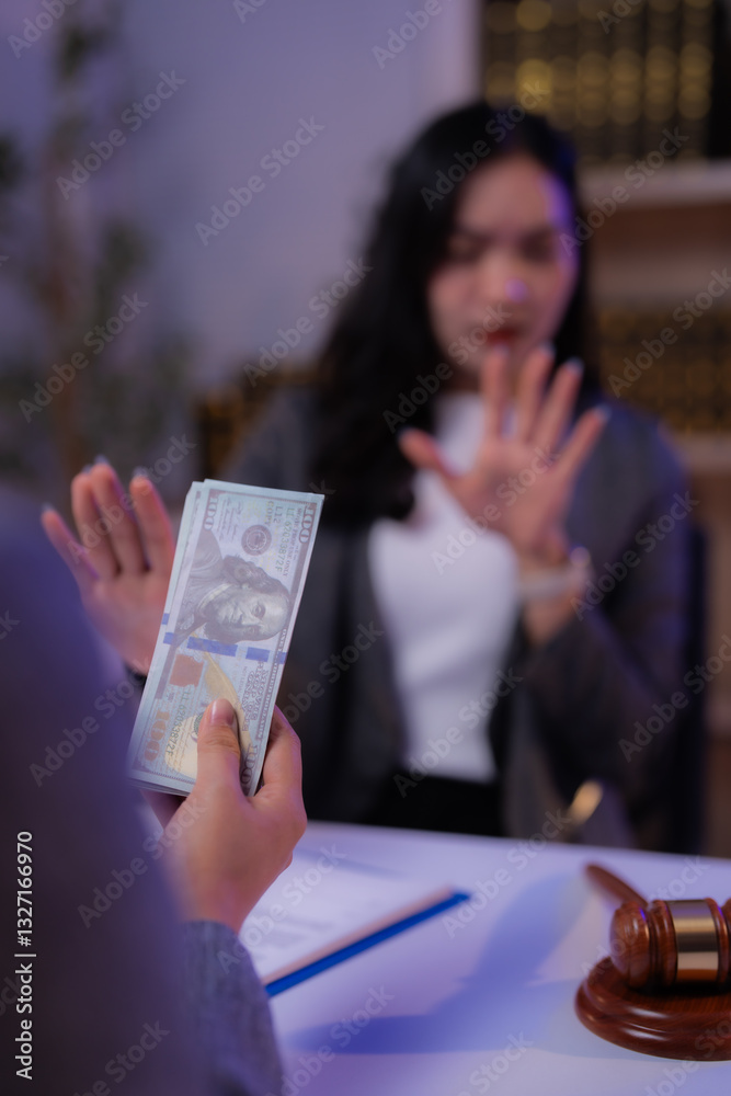 Lawyer refusing a bribe from a client during a courthouse meeting ...