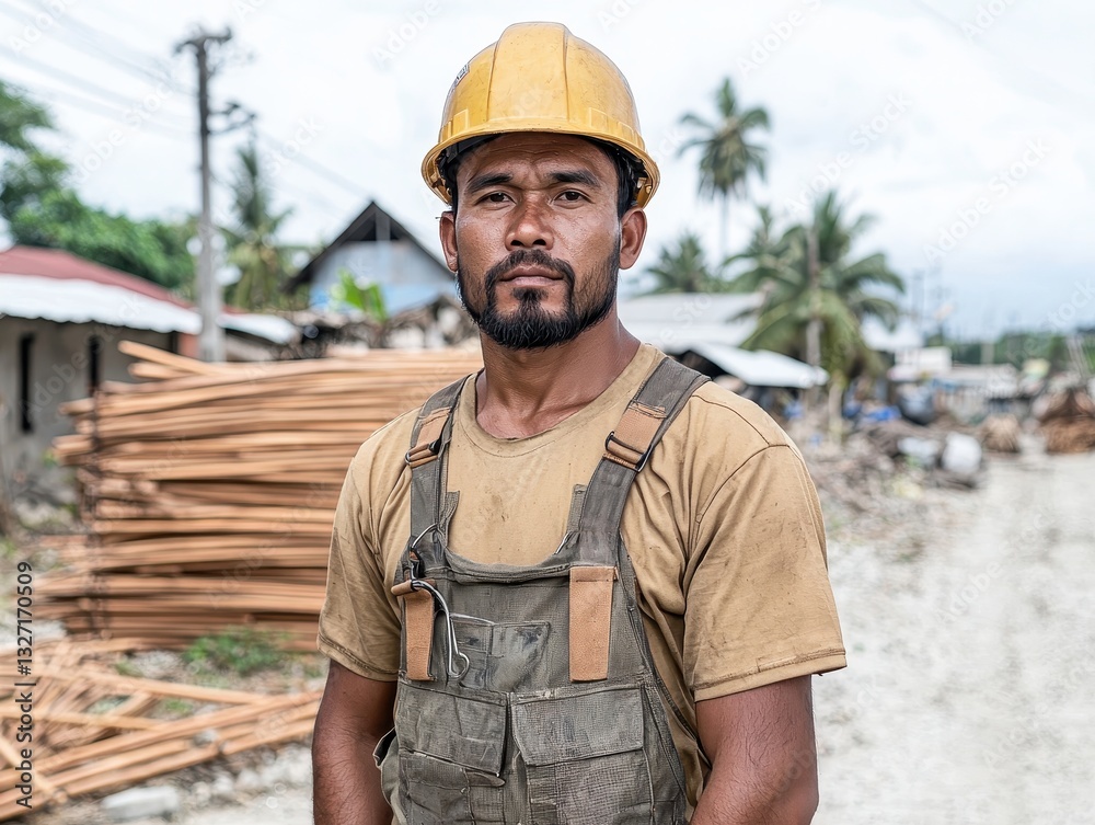 Construction worker in a hard hat stands confidently amidst a building ...
