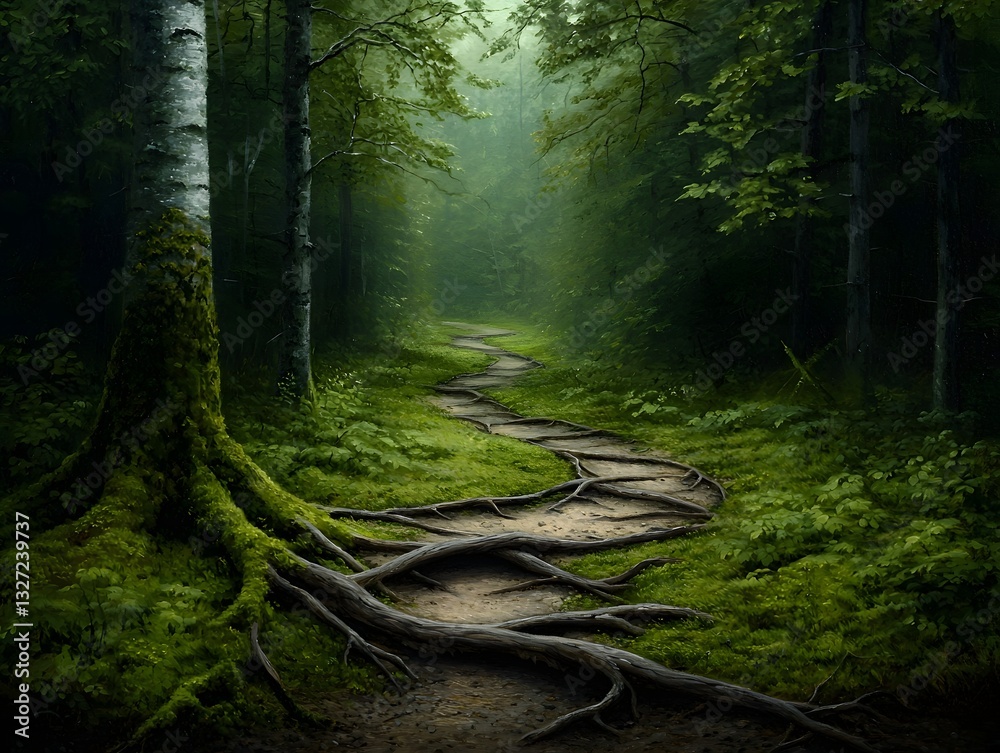 Winding dirt path snaking through a lush moss covered ancient forest ...