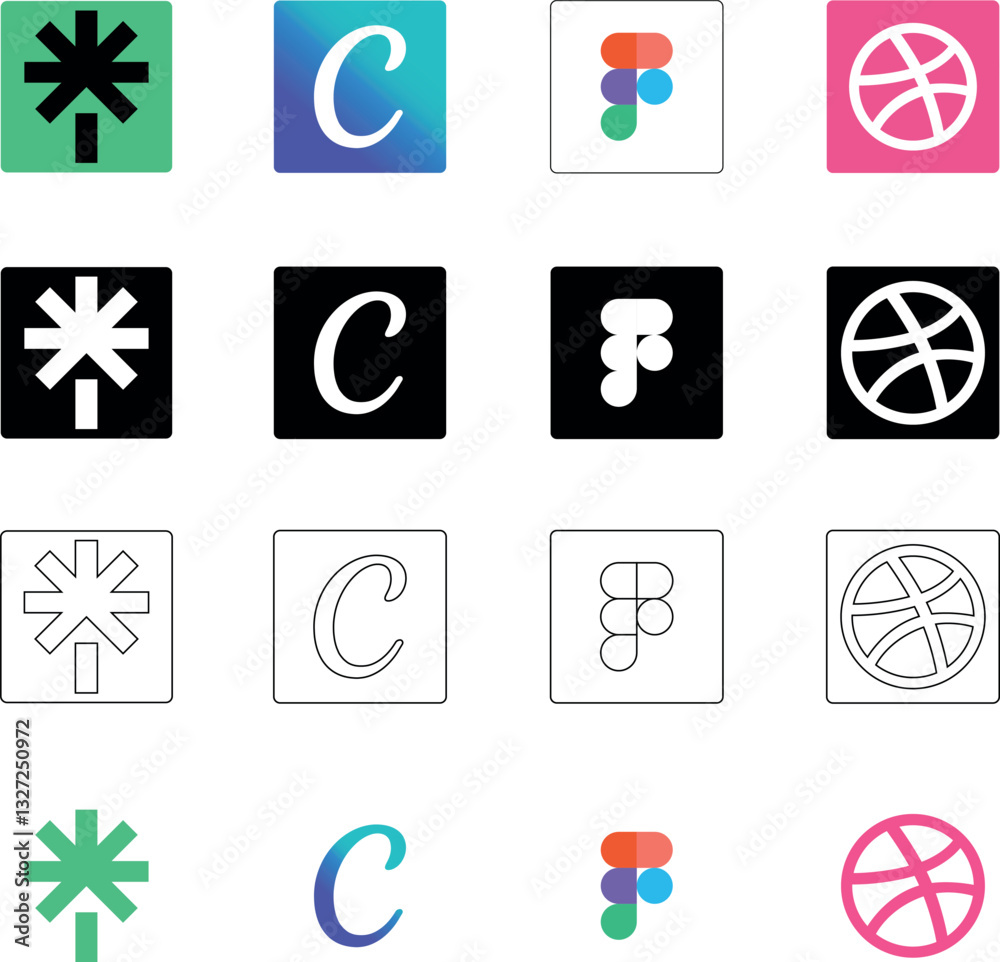canva, figma, linktree, and dribbble icon set. collection of creative ...
