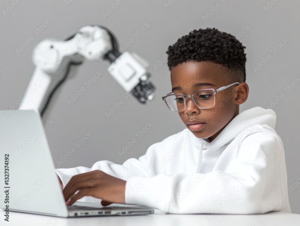 Digital Discovery Space Teen Boy with Robotic Arm Kit and Laptop ...