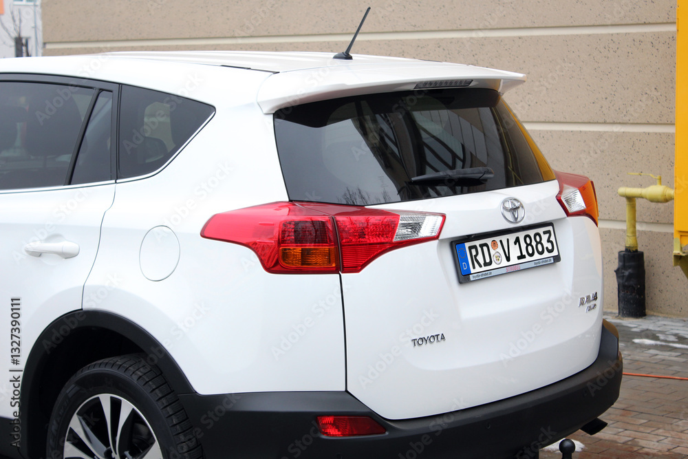 Vinnytsia, Ukraine; February 27, 2025. White Toyota RAV4 rear side of ...