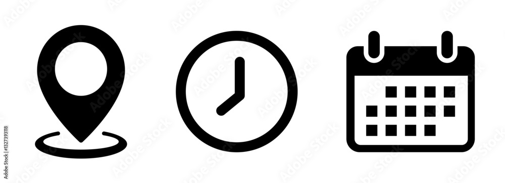 Time, date, and address icon set. Event calendar reminder clock business schedule signs ...