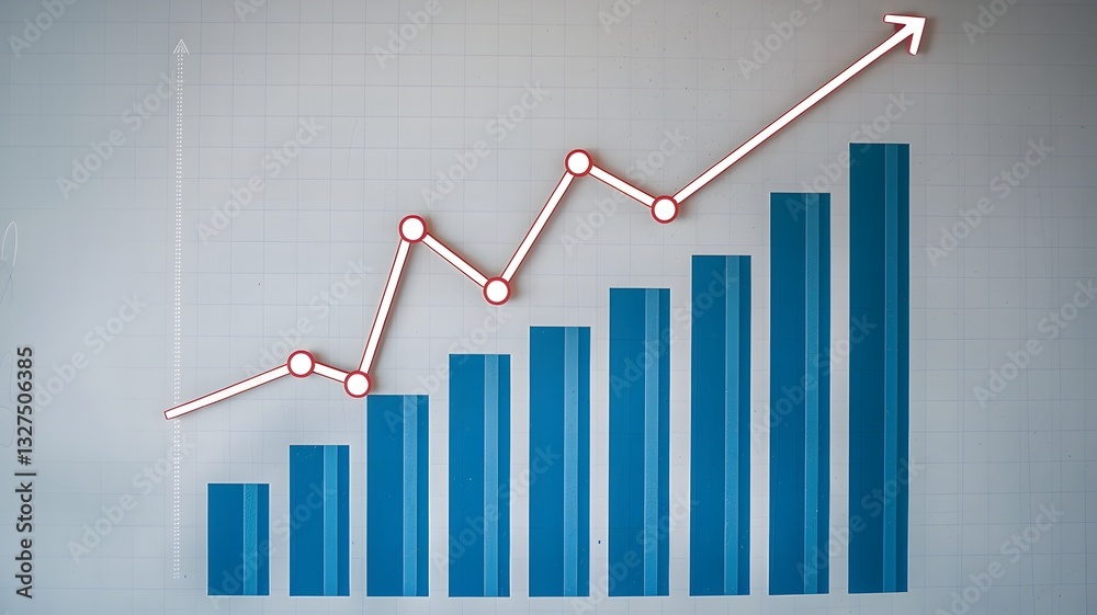 Vertical Bar Chart with Red Line Graph Showing Upward Trend Stock Photo ...