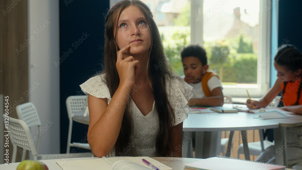 Thoughtful girl kid child daughter schoolgirl pupil teen student ...