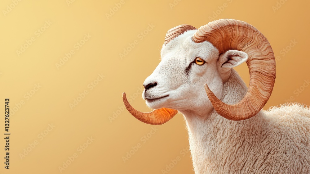 Side profile of a ram, its thick fur and large, curled horns forming a ...