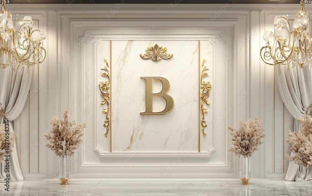 Luxury boutique signboard on a marble wall, with elegant fonts and gold ...