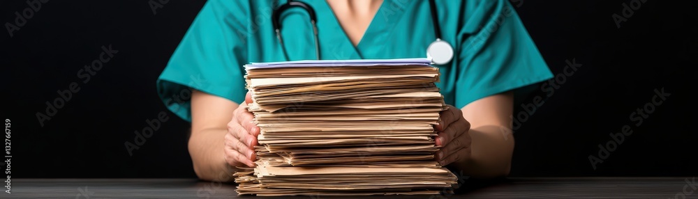 Nurse with Stacks of Medical Paperwork Illustrating Overload and ...