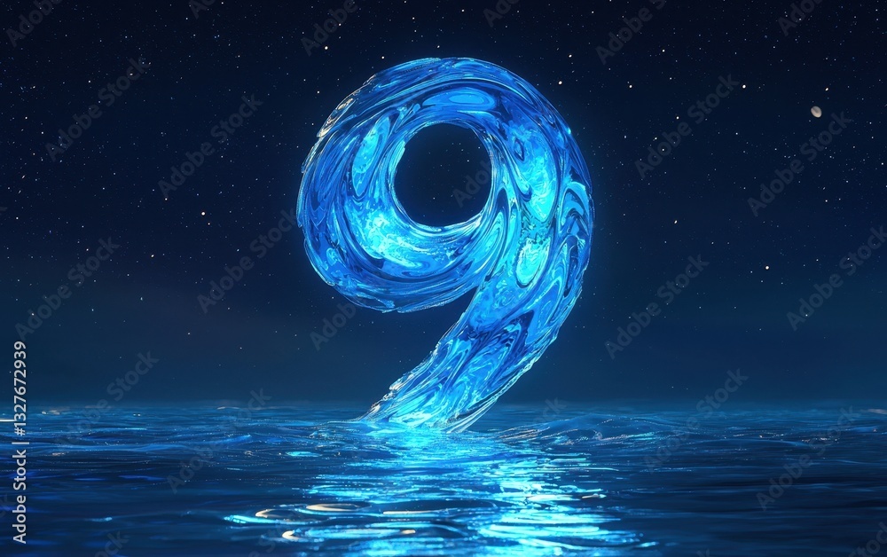 Number 9 created from deep blue ocean currents, glowing softly under ...