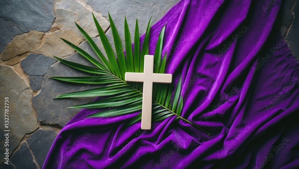 Lent season, concept of Holy Week and Good Friday. Palm leaf and cross ...