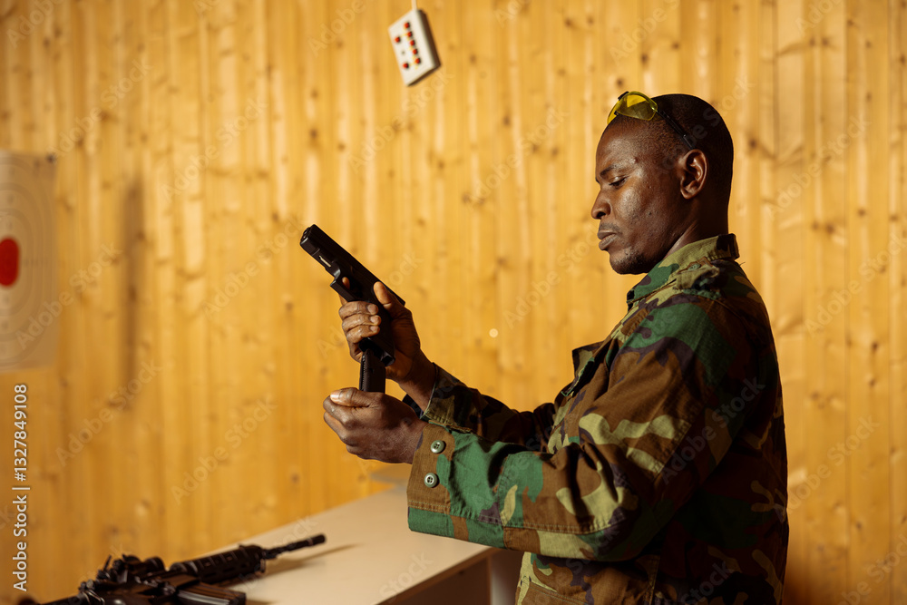 Army soldier wearing protective gear reloading handgun in indoor ...