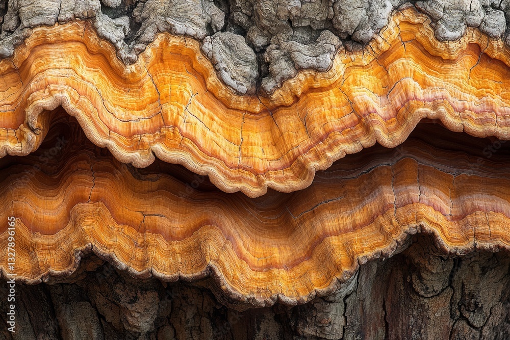 Unique cross-section of a colorful fungus growing on an ancient tree in ...